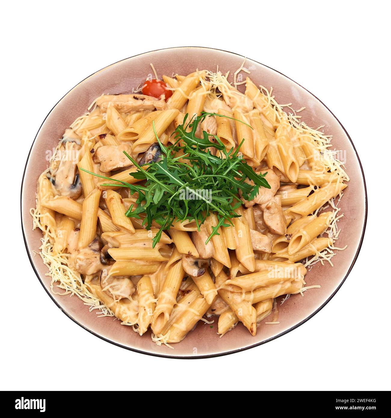 Plate of Penne pasta with chicken and mushrooms view from above and ...