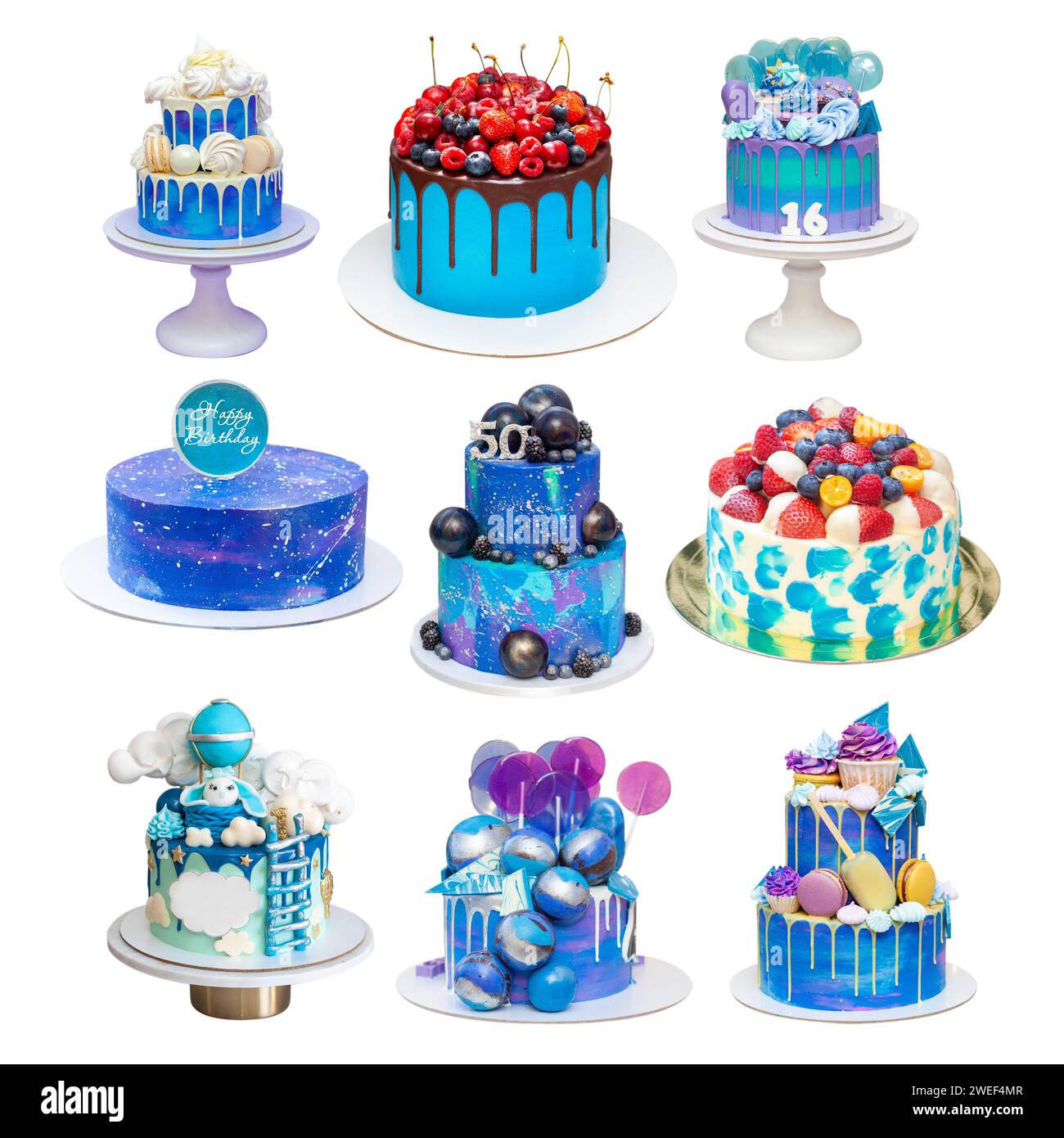 Close up Collection of different beautiful blue birthday cakes isolated ...