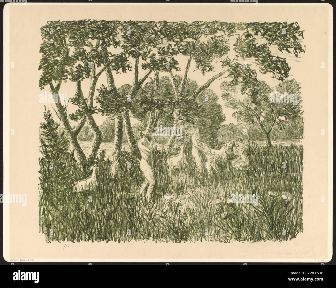Pan with two human beings and animals in a landscape with scattered ...