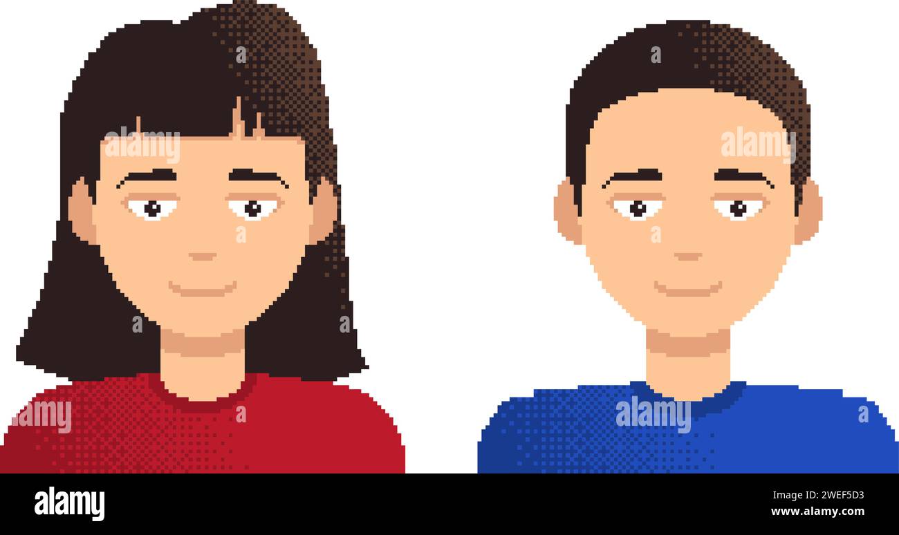 Woman and man pixel art characters. Young boy and girl avatar set ...
