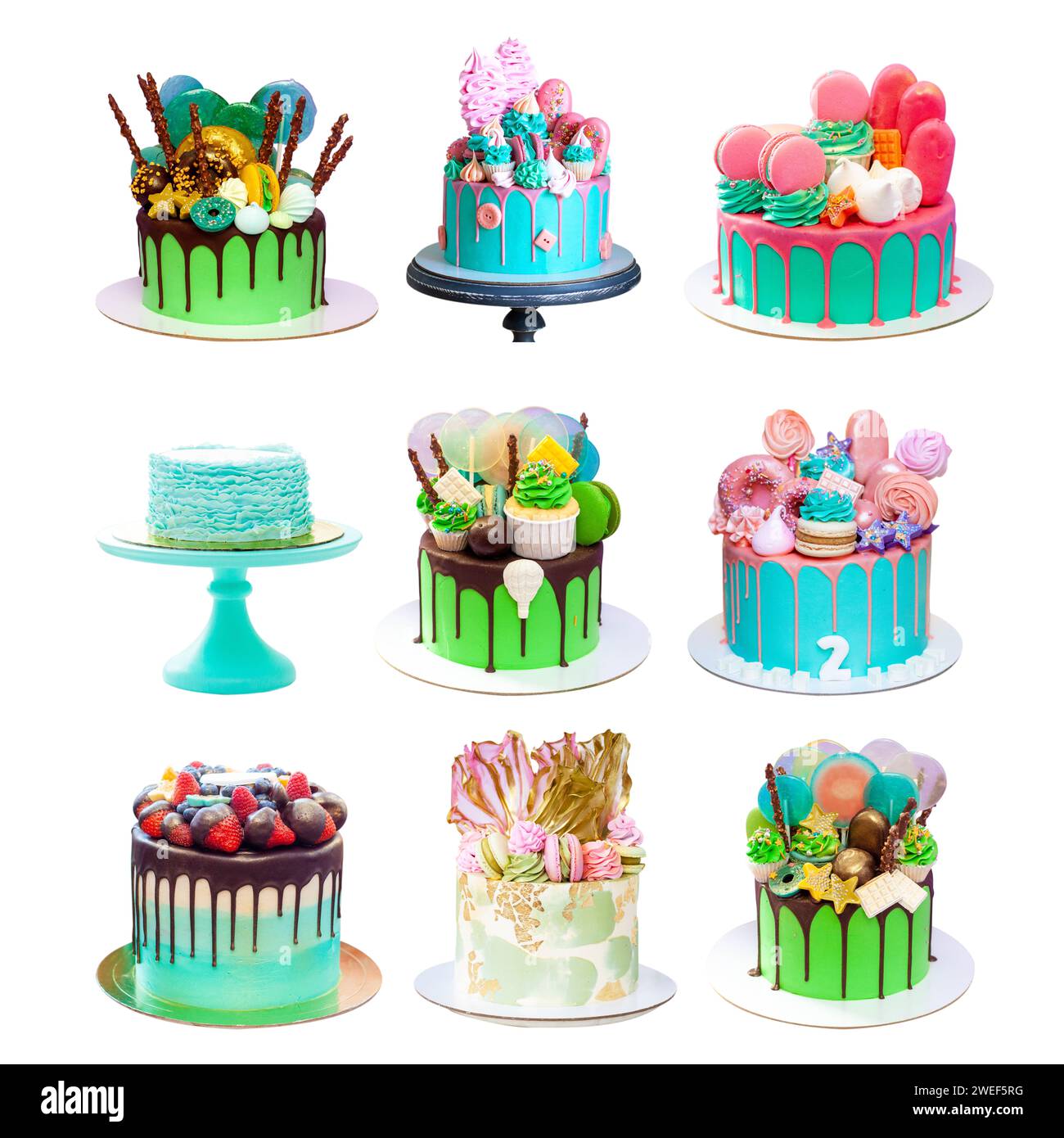 Close up of assorted green cakes isolated on white background, png ...