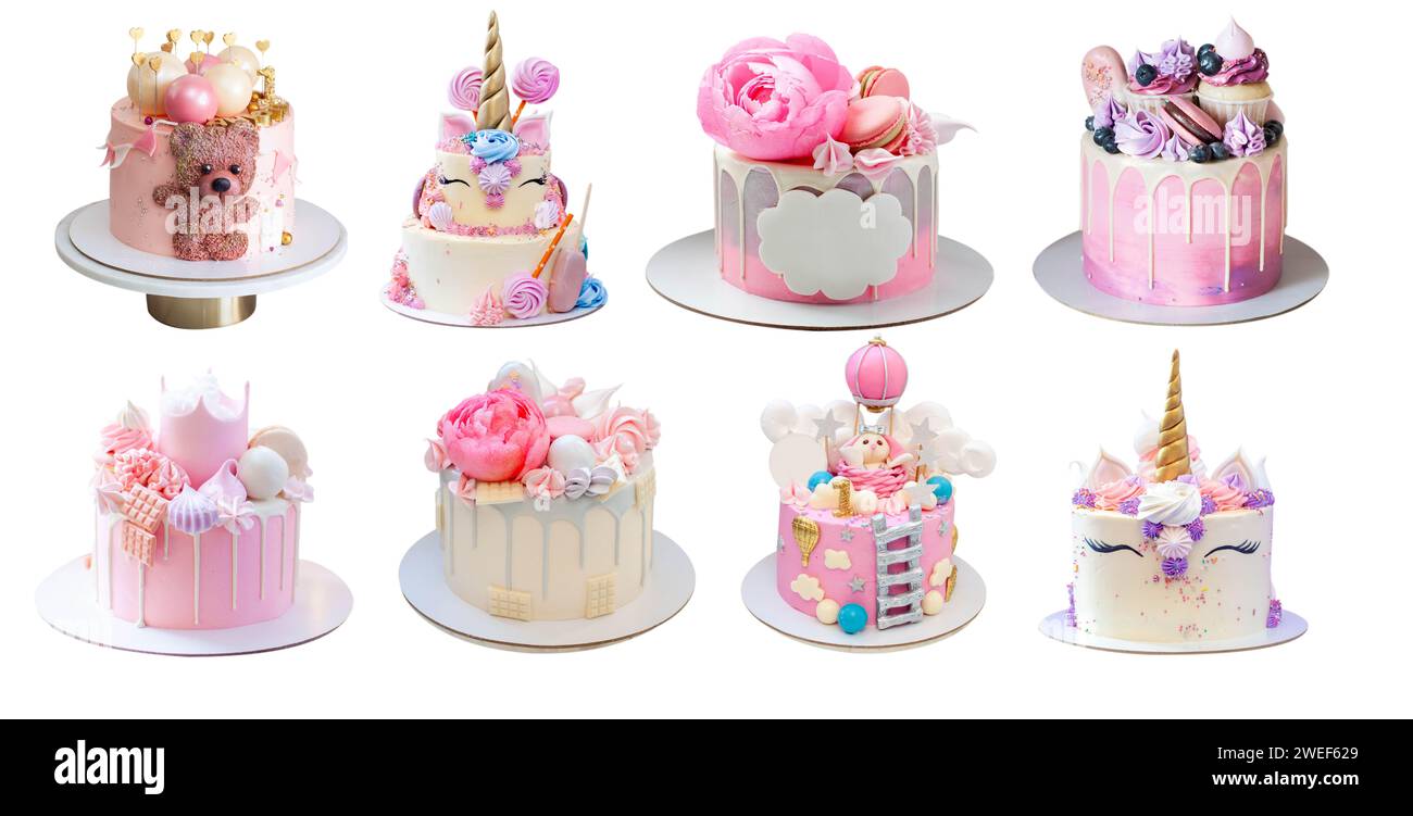 Various tender pink cakes isolated on white background. Cakes with ...