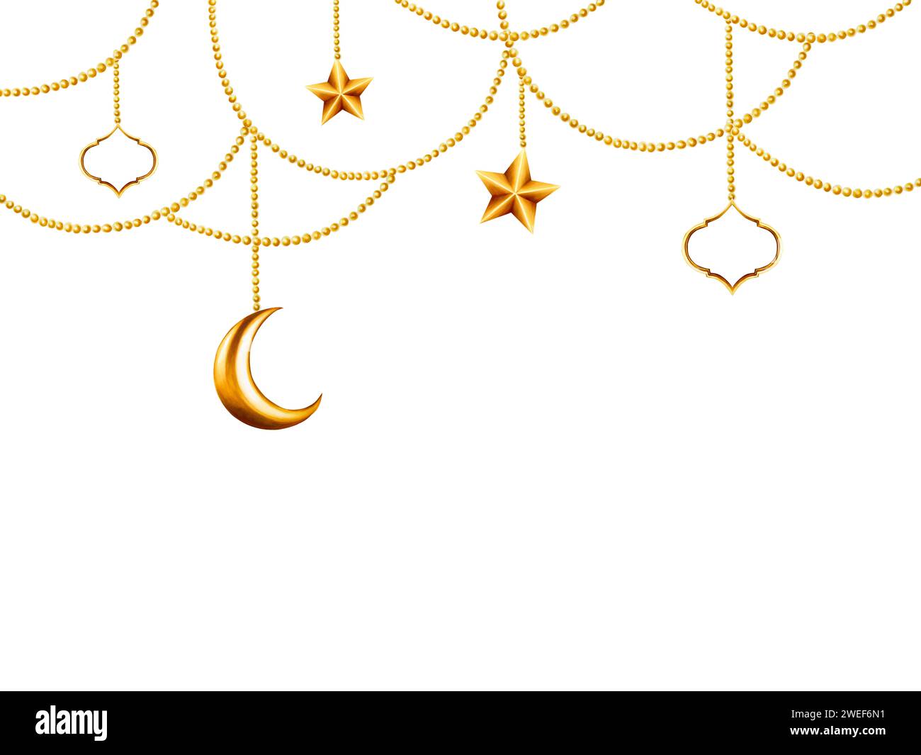 Watercolor Islamic arabian frame with golden crescent moon, stars on a ...