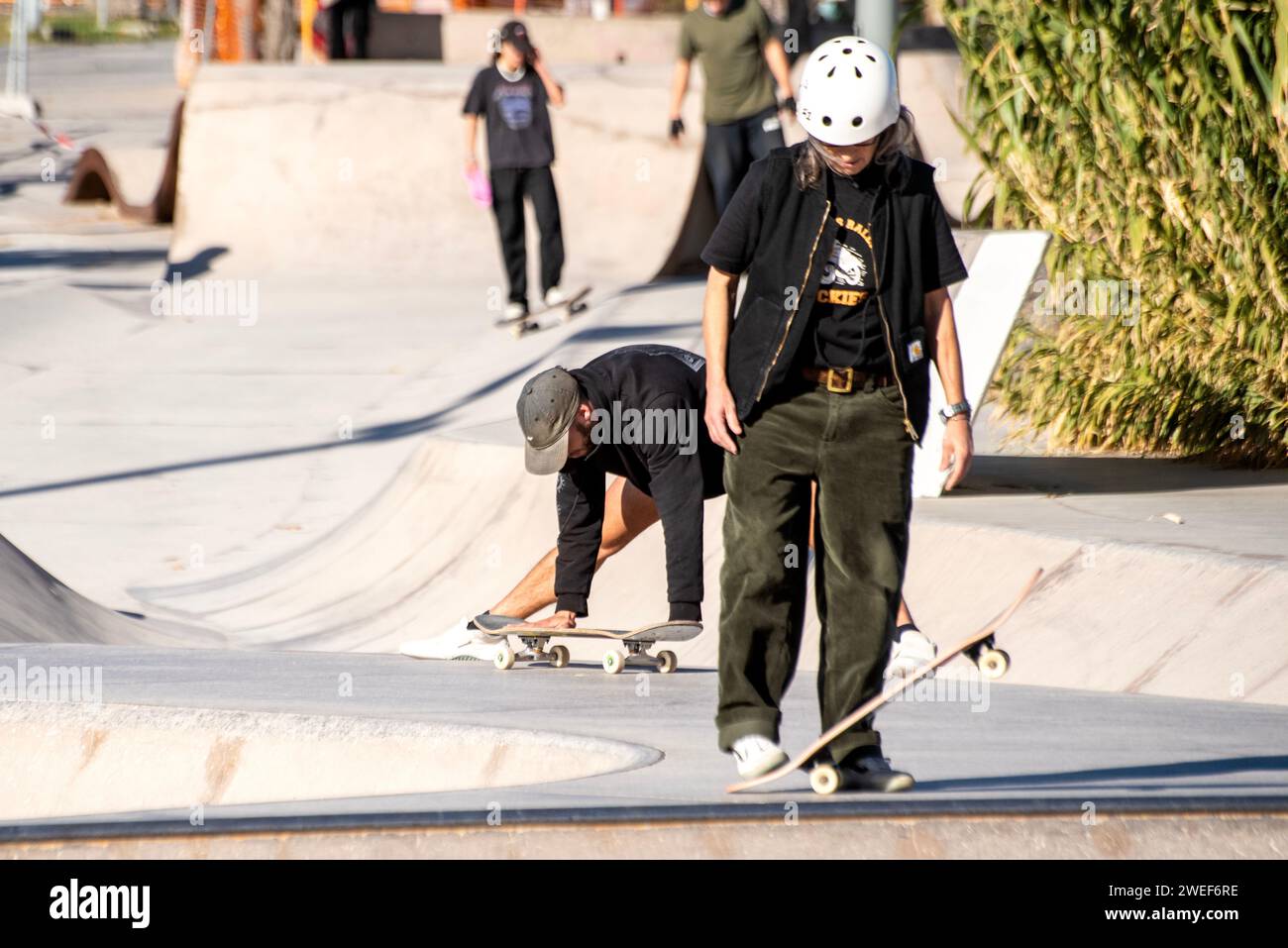 Skate park elegance: A woman skater effortlessly glides, setting the ...