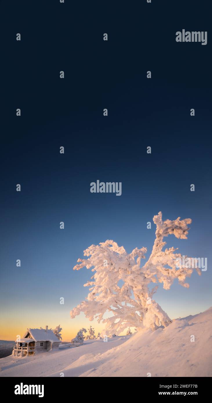 The Santa Cabin on Levi fell in Sirkka, Finland, lapland, at sunset in ...