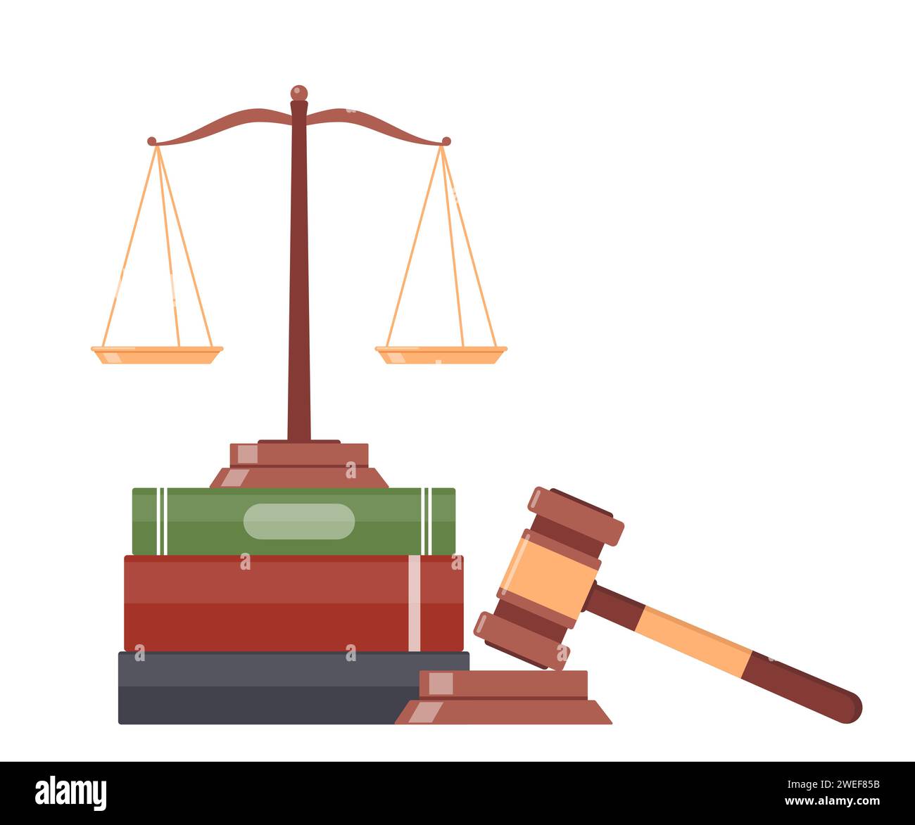 Scales on pile of books and judge gavel. Law and justice system symbol. Vector illustration ...