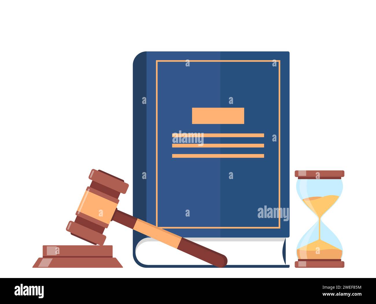 Law book, hourglass, judge gavel, decision glossy mallet for court ...