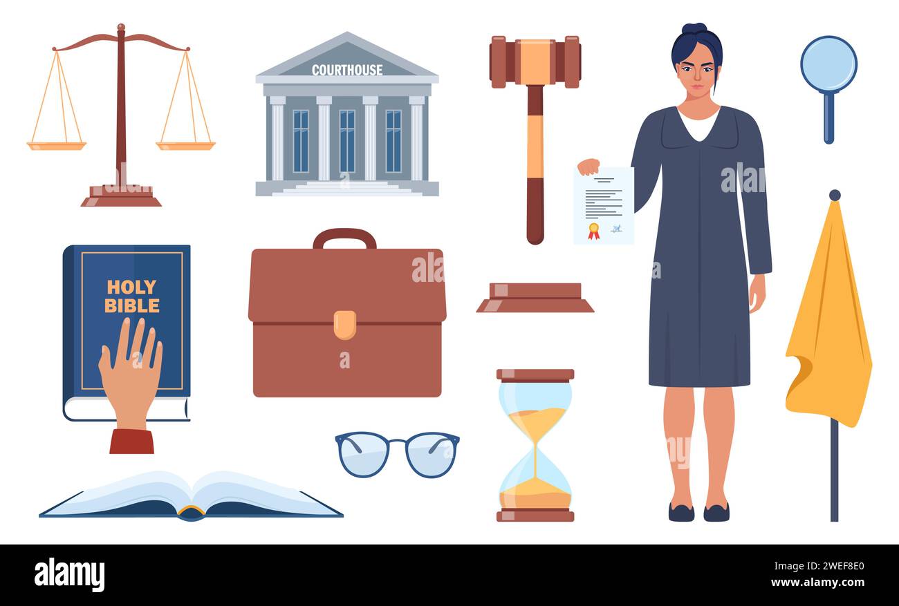 Symbols of justice. Judge in black robe, law book, judicial gavel ...