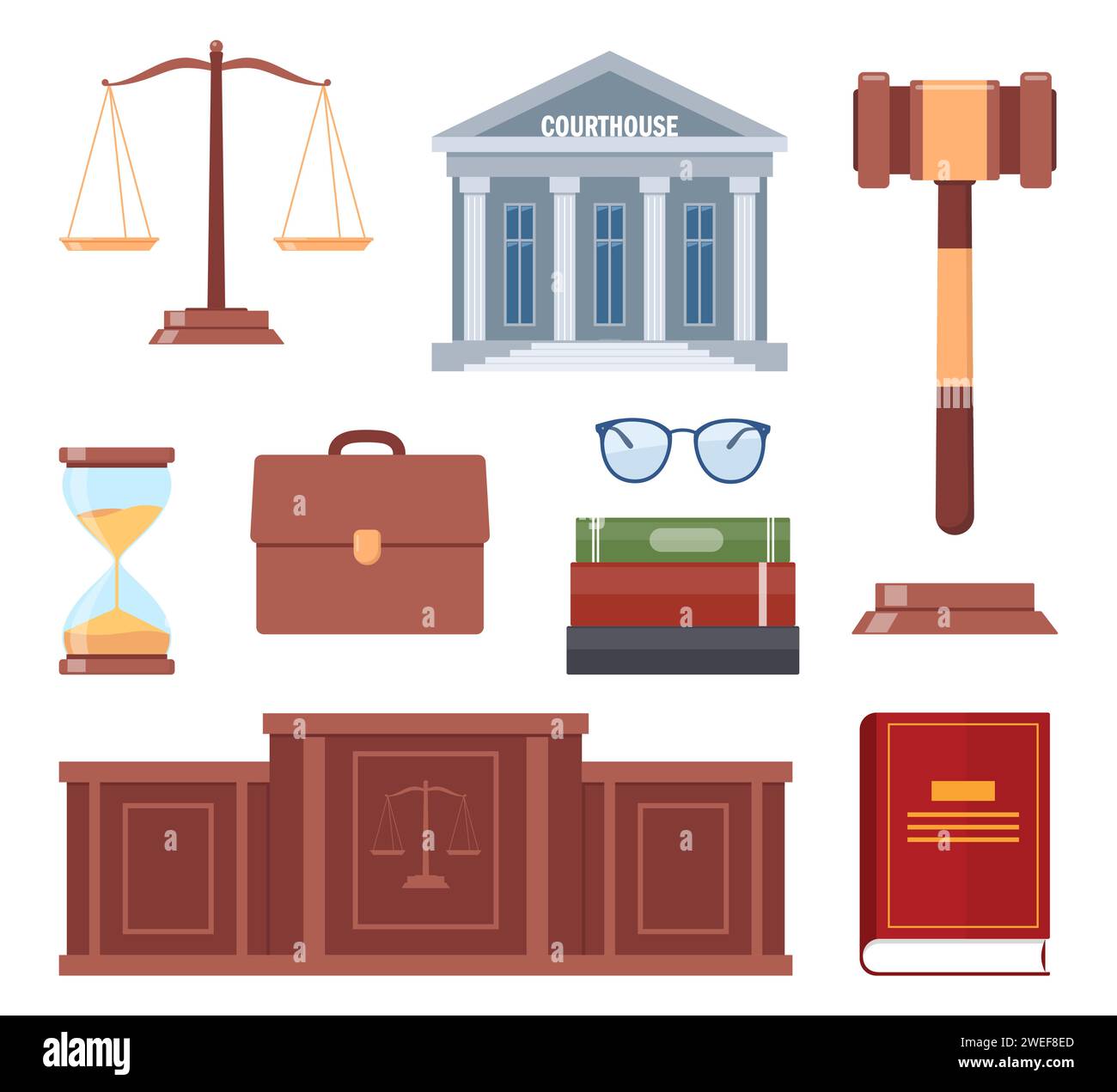 Symbols of justice. Law book, judicial gavel, weights of justice ...