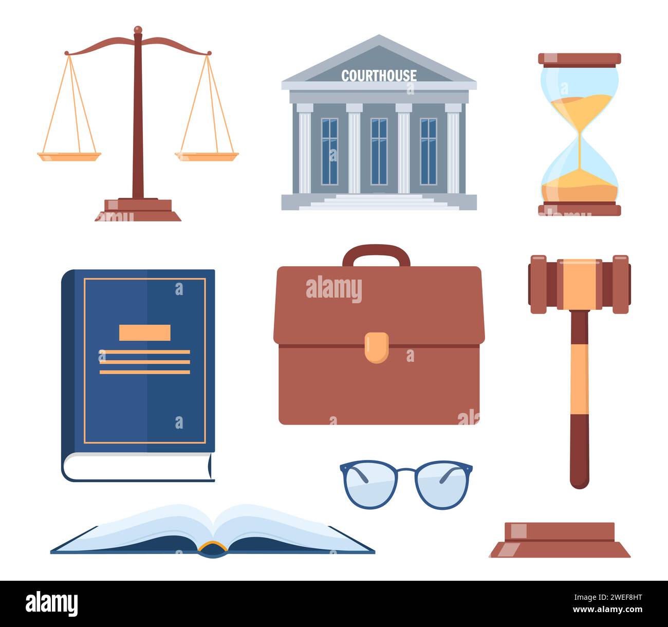 Symbols of justice. Law book, judicial gavel, weights of justice ...