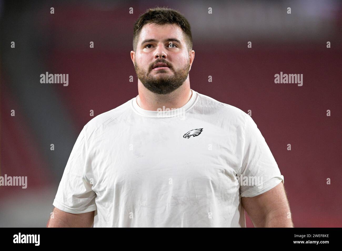 Philadelphia Eagles guard Landon Dickerson warms up before an NFL wild ...