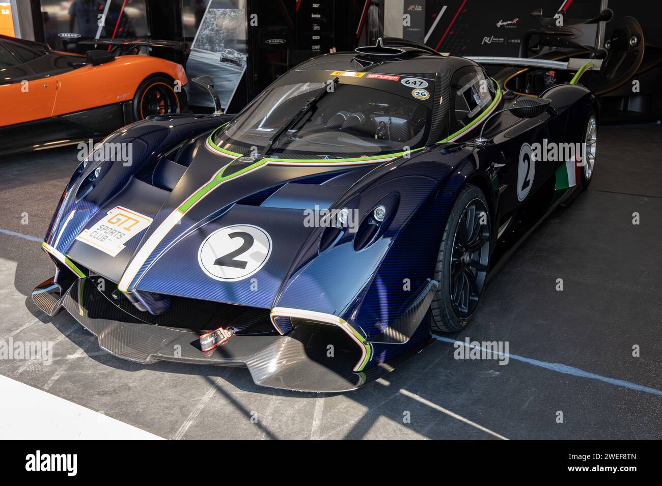 Front view of a blue Pagani Huayra R GT1 exhibition supercar Stock ...