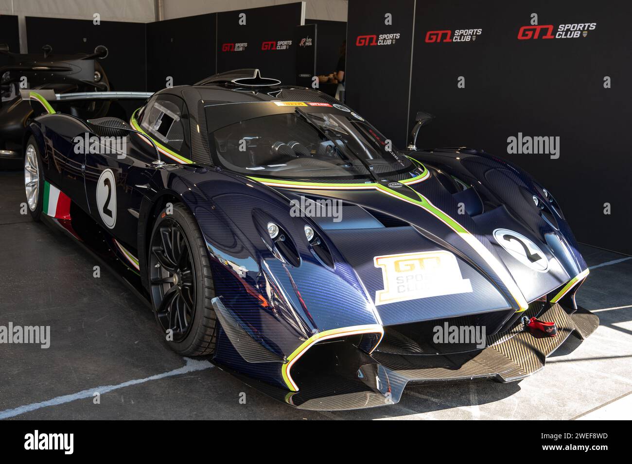 Front view of a blue Pagani Huayra R GT1 exhibition supercar Stock ...