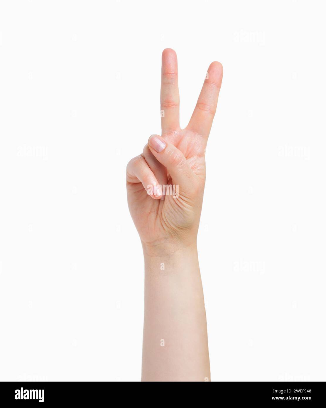 Close-up of woman hand showing two fingers with white background Stock ...