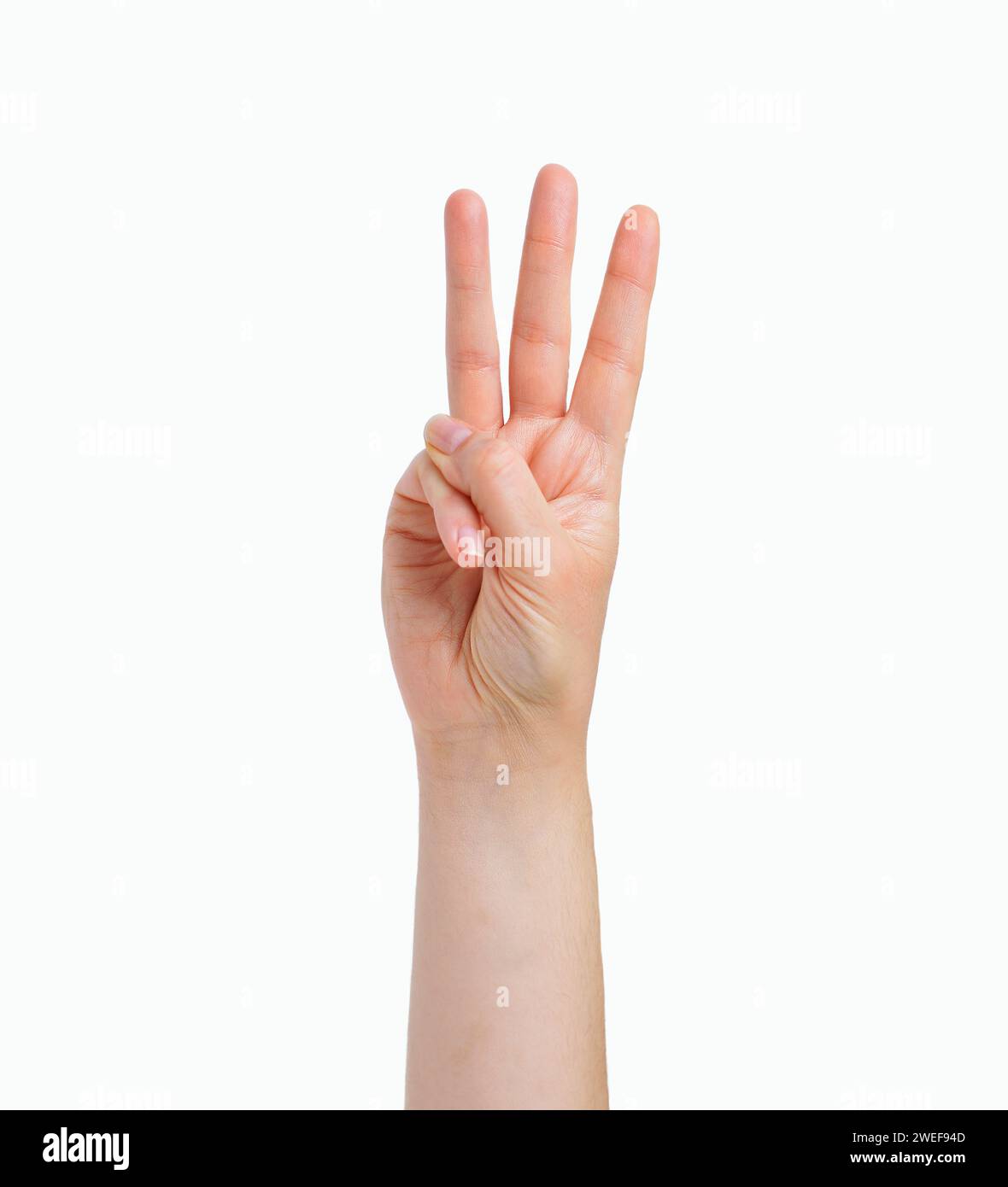 Woman hand showing three fingers on a white isolated background Stock ...