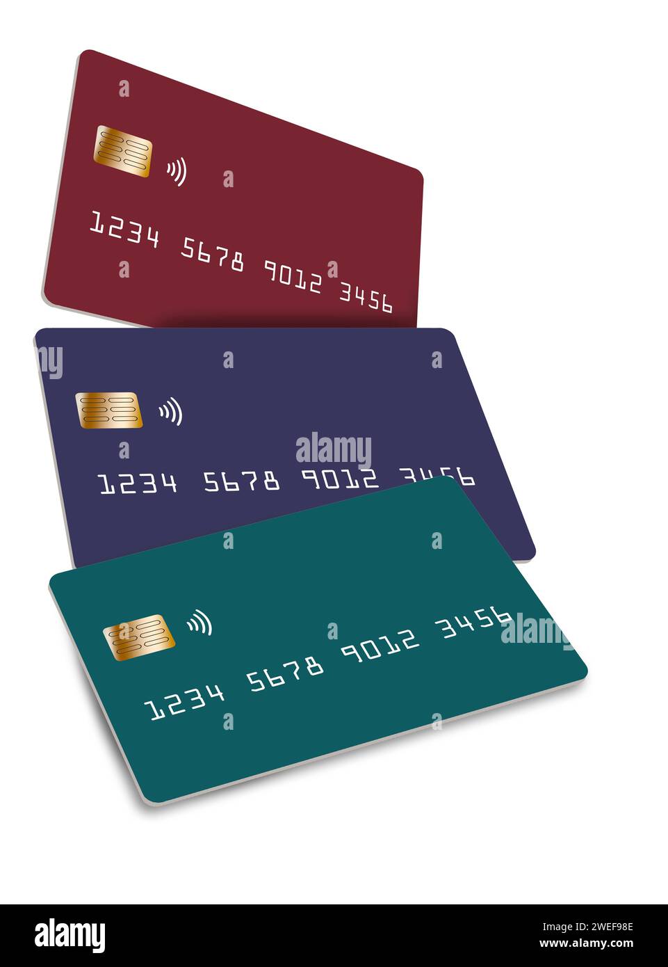 A group of generic, mock, credit cards or debit cards are seen isolated ...