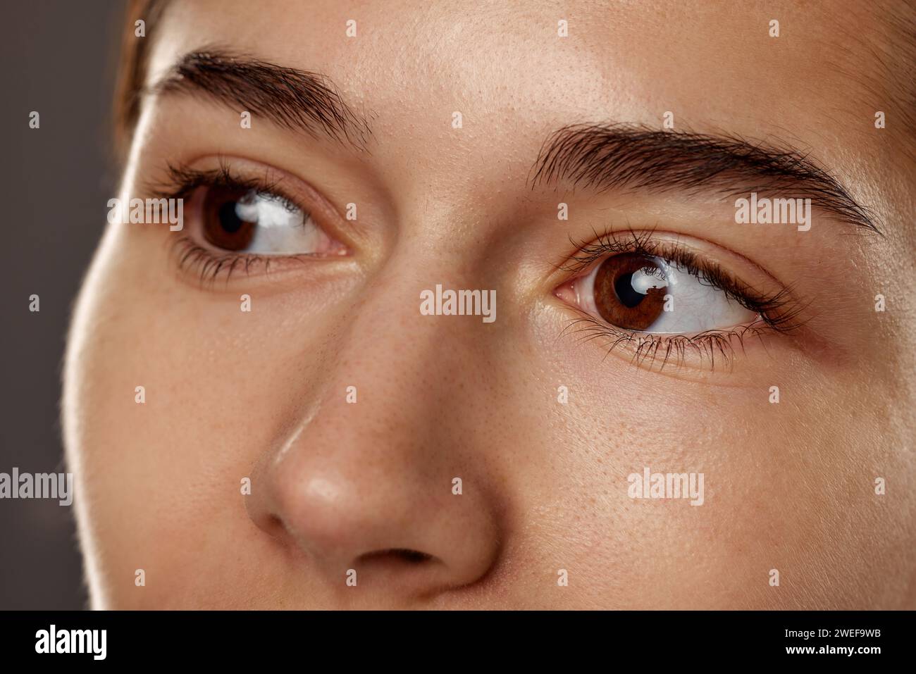 Close-up of female's brown eyes, nose, Model with no makeup. Health ...