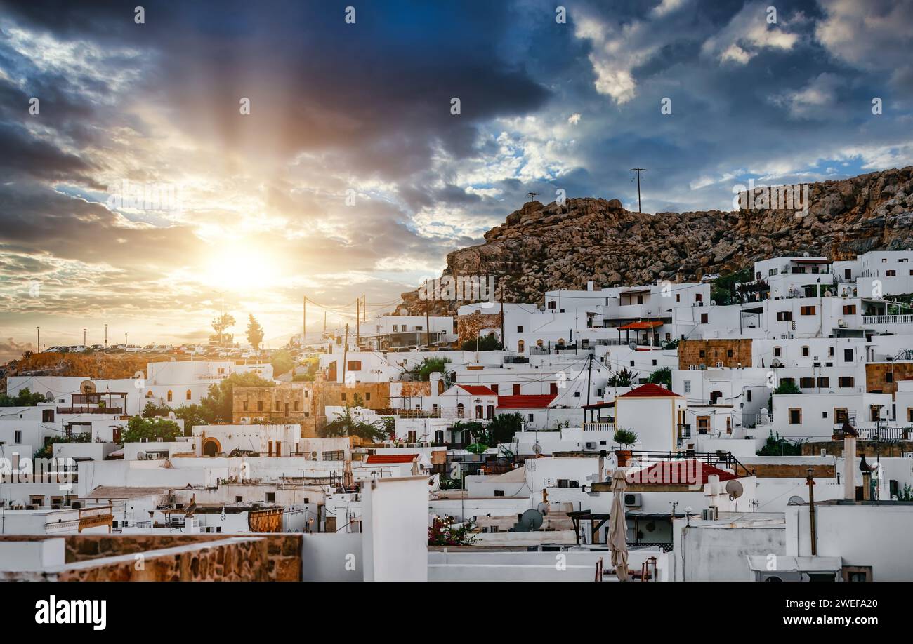 Snow-white roofs of the city of Lindos, Rhodes island, Greece Stock ...