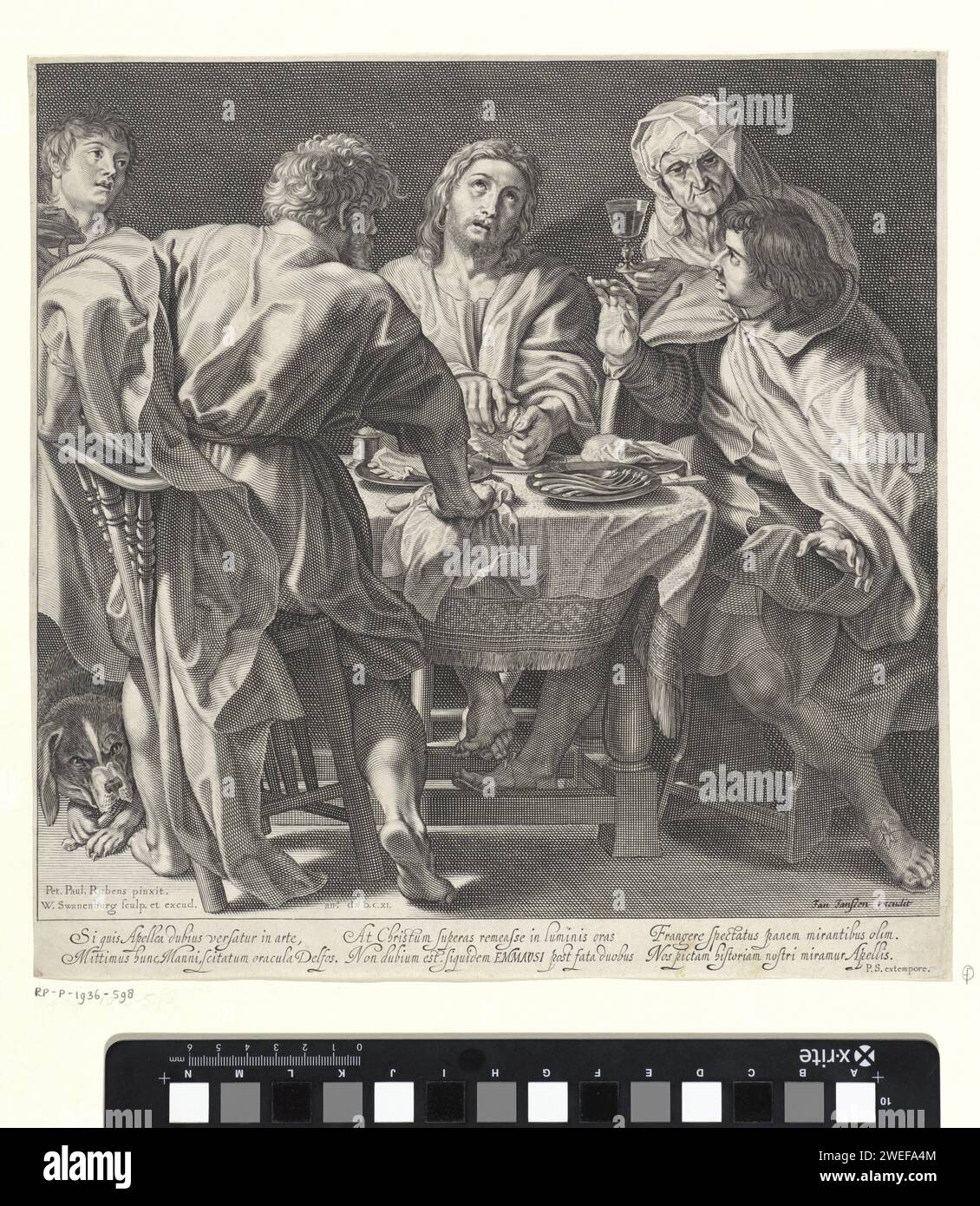 Meal in Emmaus, Willem Isaacsz. van Swanenburg, after Peter Paul Rubens, 1611 print Christ sits ...