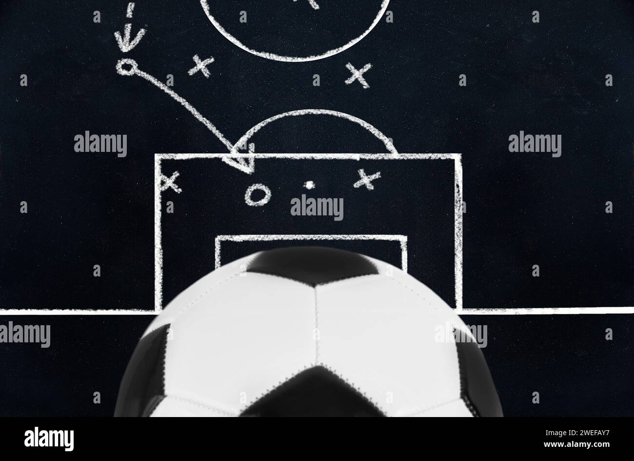 Scheme of football game on chalkboard background with ball defocused ...