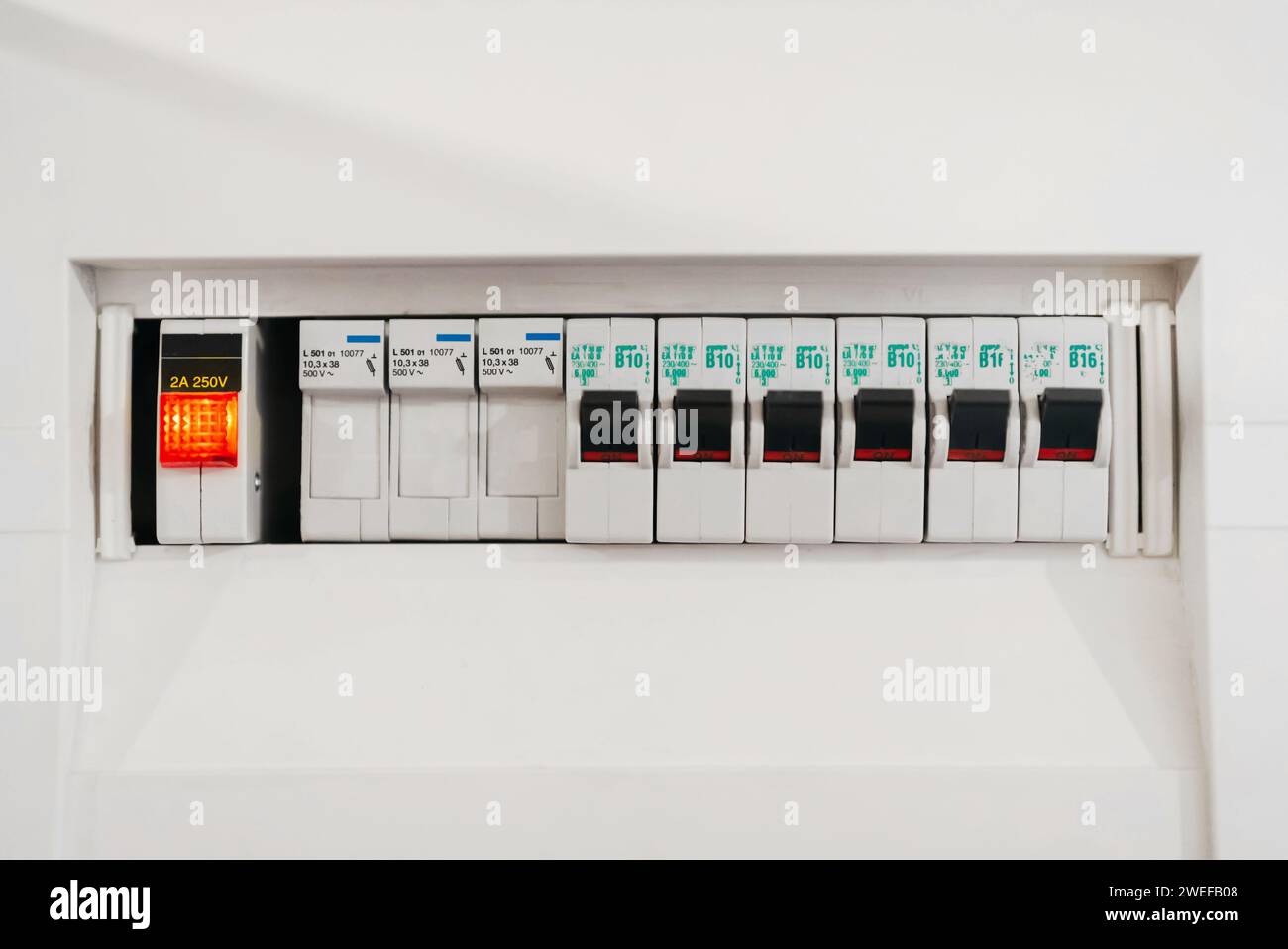 Close-up view of switches on fuse board Stock Photo - Alamy