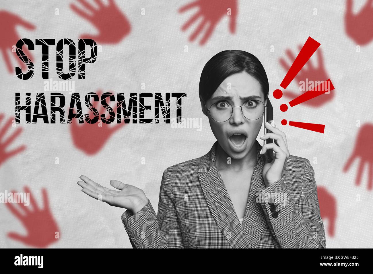 Creative collage banner young dissatisfied annoyed girl against ...