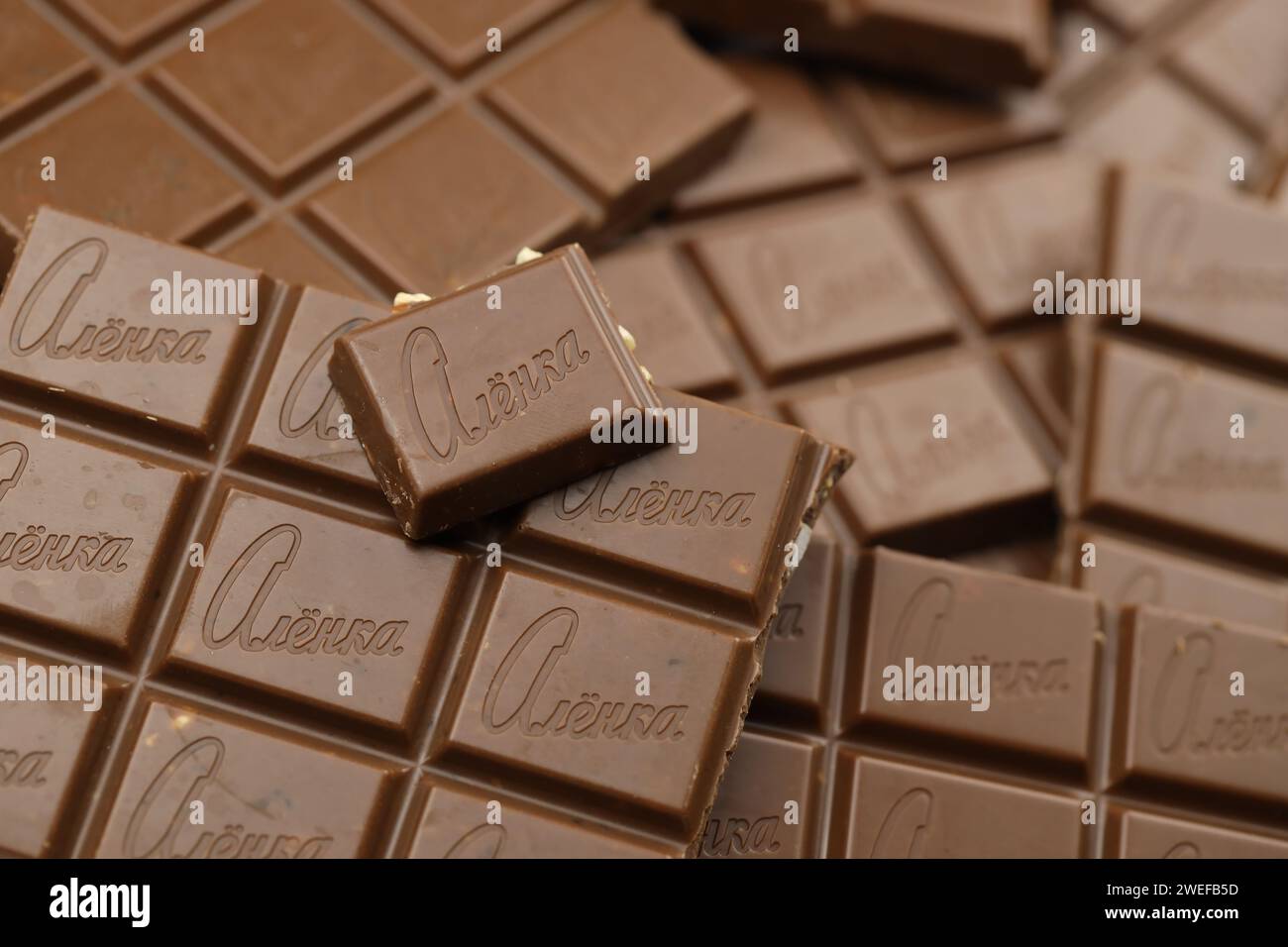 KHARKIV, UKRAINE - JANUARY 27, 2021 Alyonka chocolate square bars ...