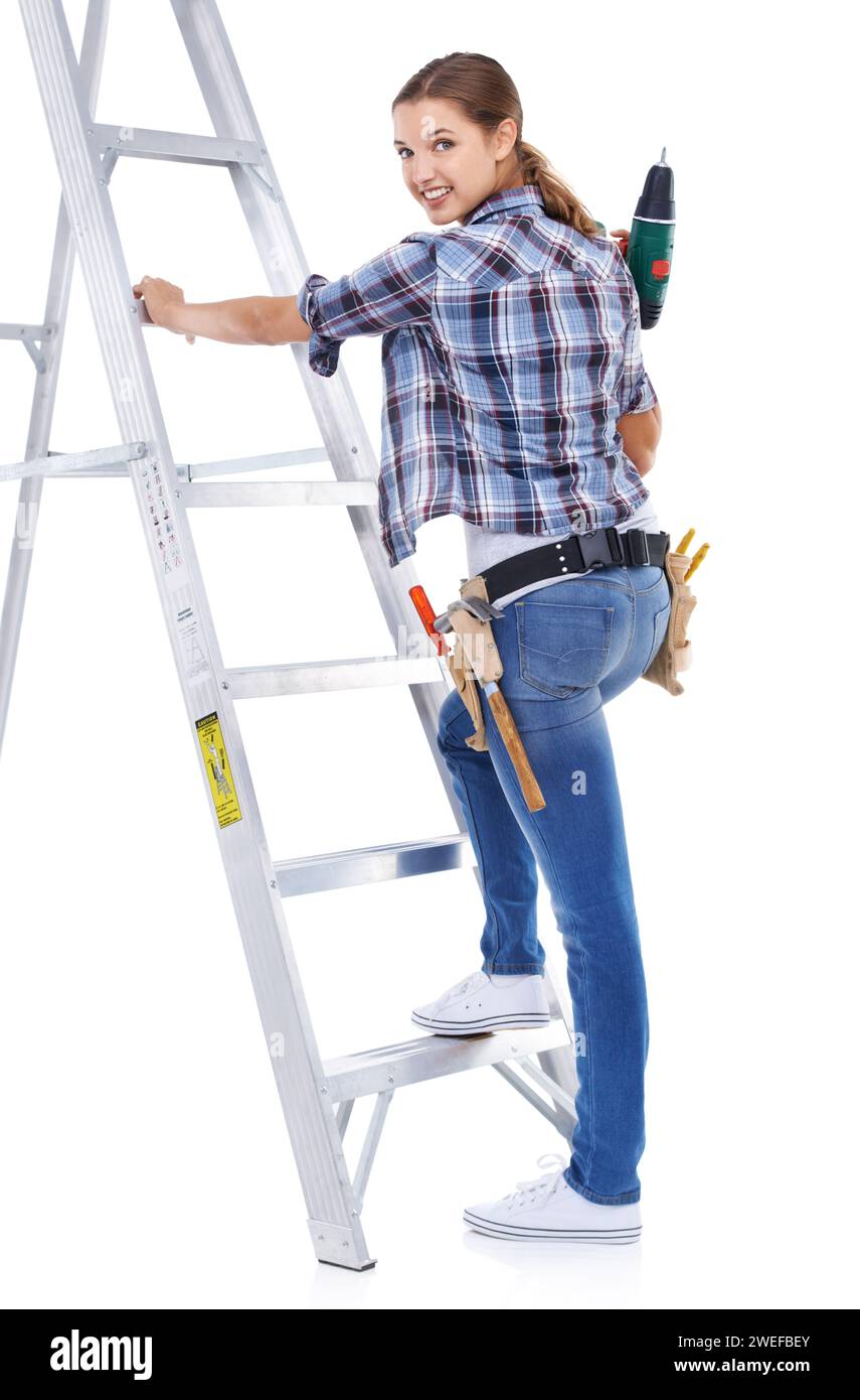 Woman, portrait and ladder with drill for renovation maintenance or ...