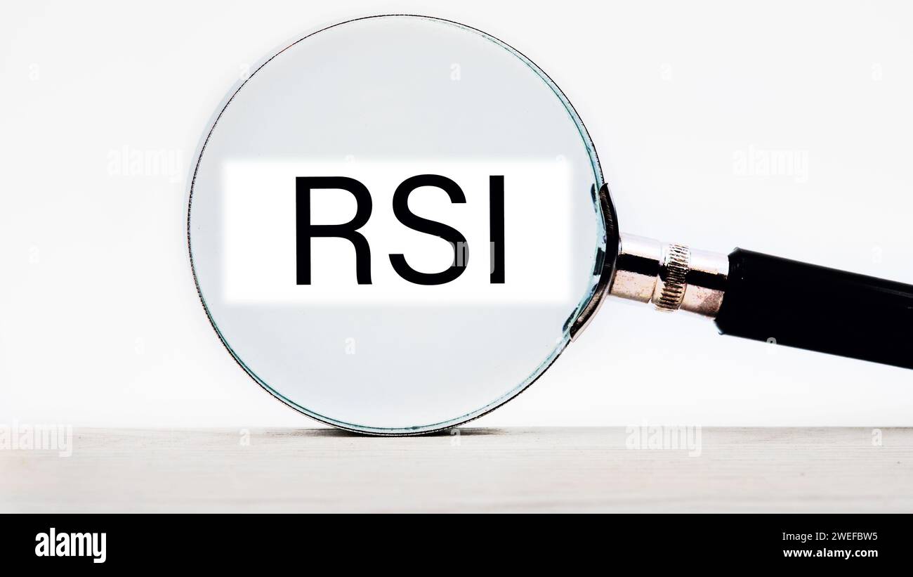 RSI Relative Strength Index lettering on through a magnifying glass on ...