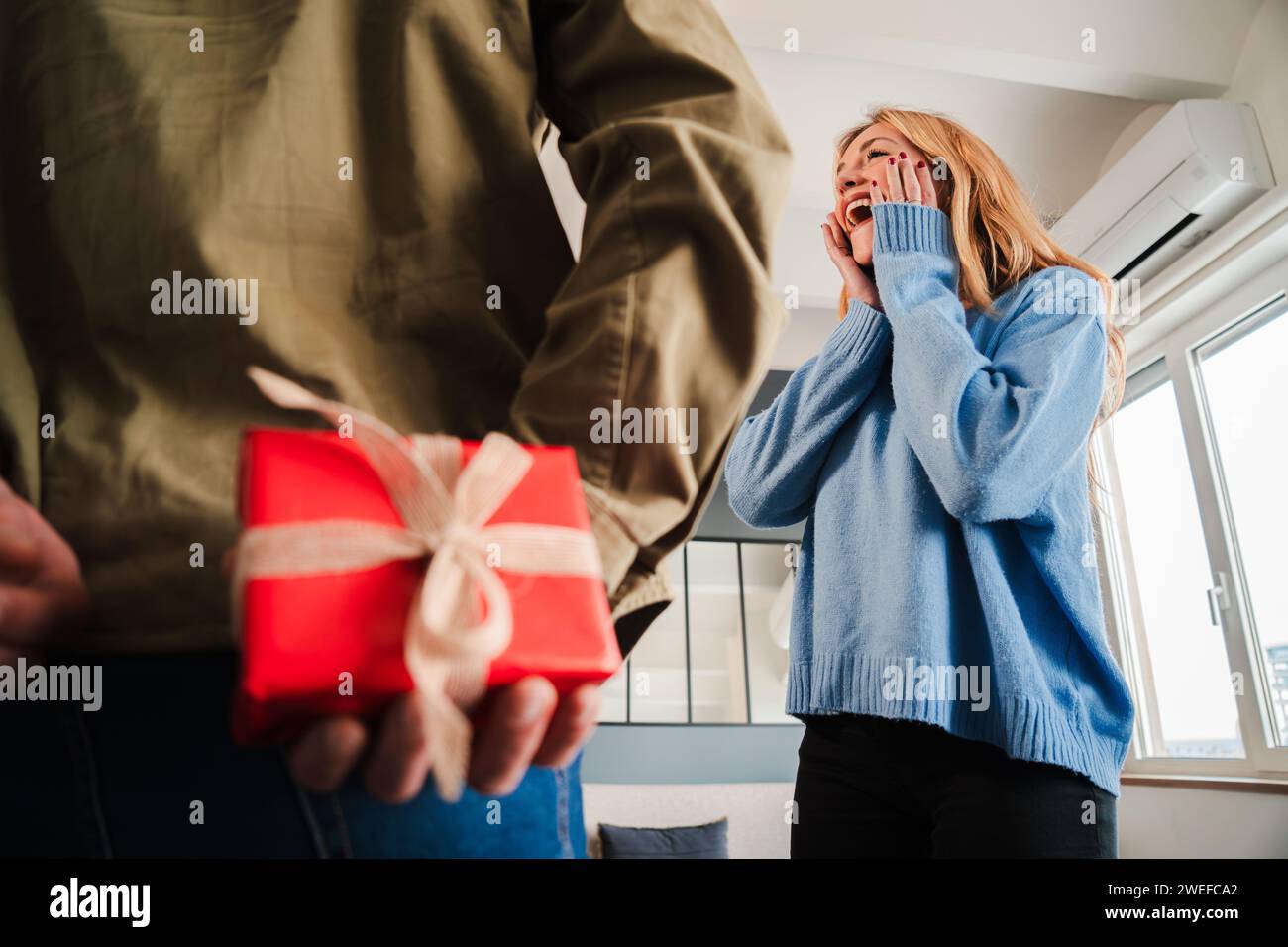 Rear view of a man hiding a valentine surprise gift to his girlfriend ...