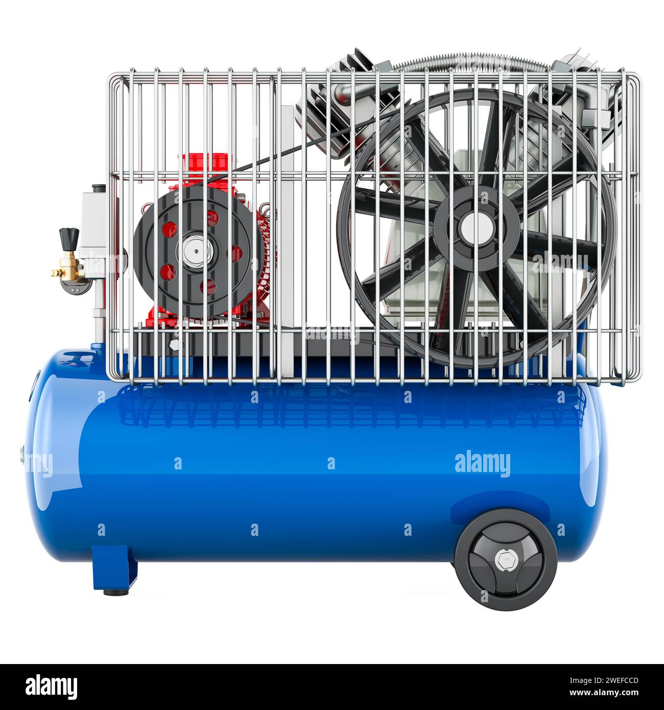 Blue tank air compressor, side view. 3D rendering isolated on white ...
