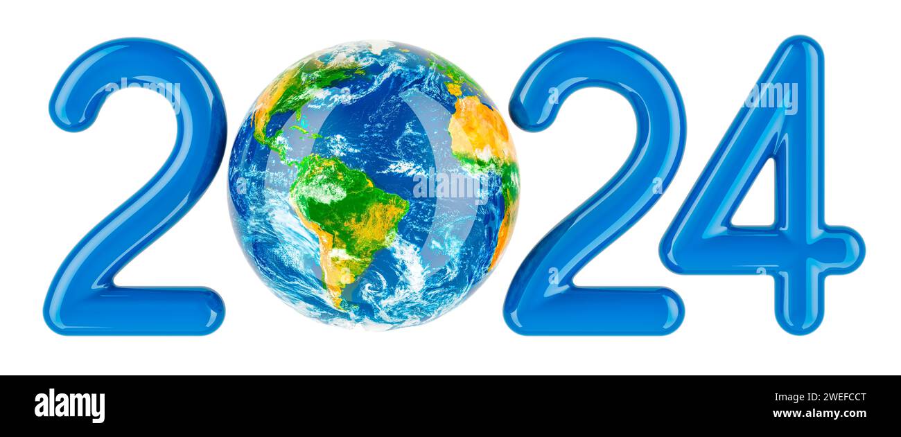 2024 with Earth Globe, 3D rendering isolated on white background Stock ...