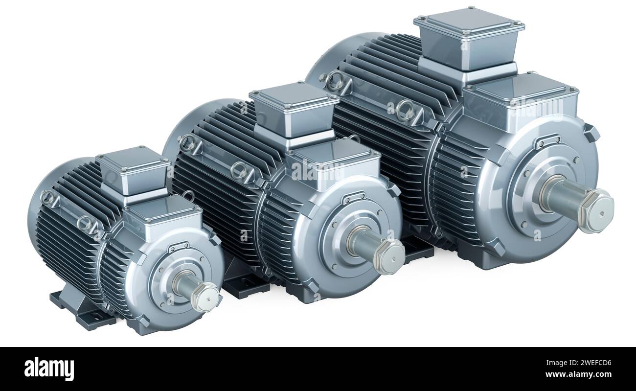 Set of industrial electric motors, 3D rendering isolated on white ...