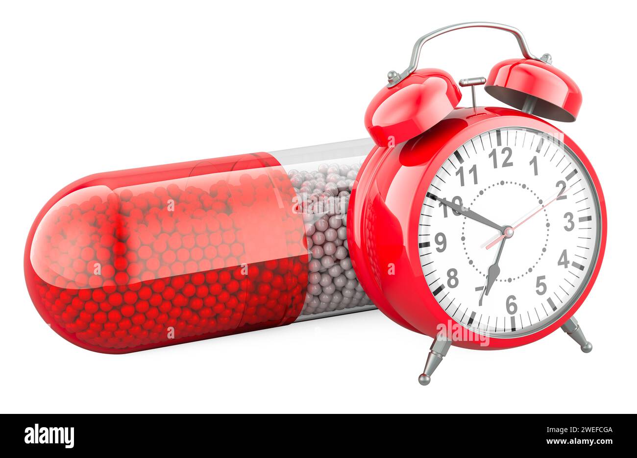 Time to take medicine, concept. Medicament Capsule with alarm clock, 3D ...