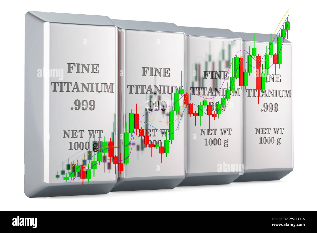 Titanium bars with candlestick chart, showing uptrend market. 3D ...