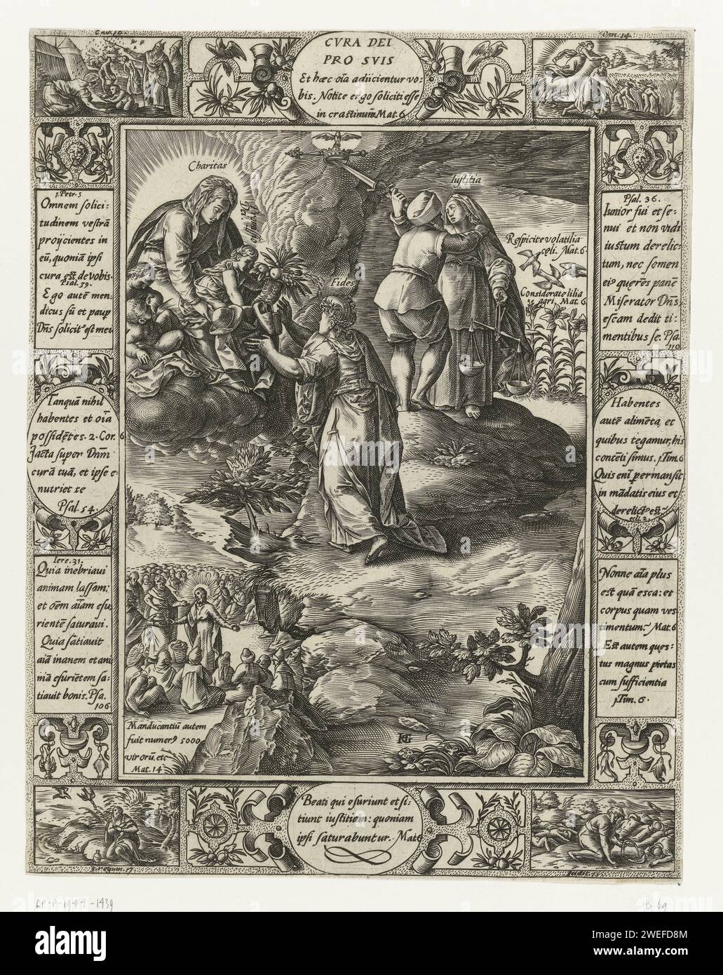 Care of God for his, Hendrick Goltzius, 1598 - 1604 print Allegory with ...