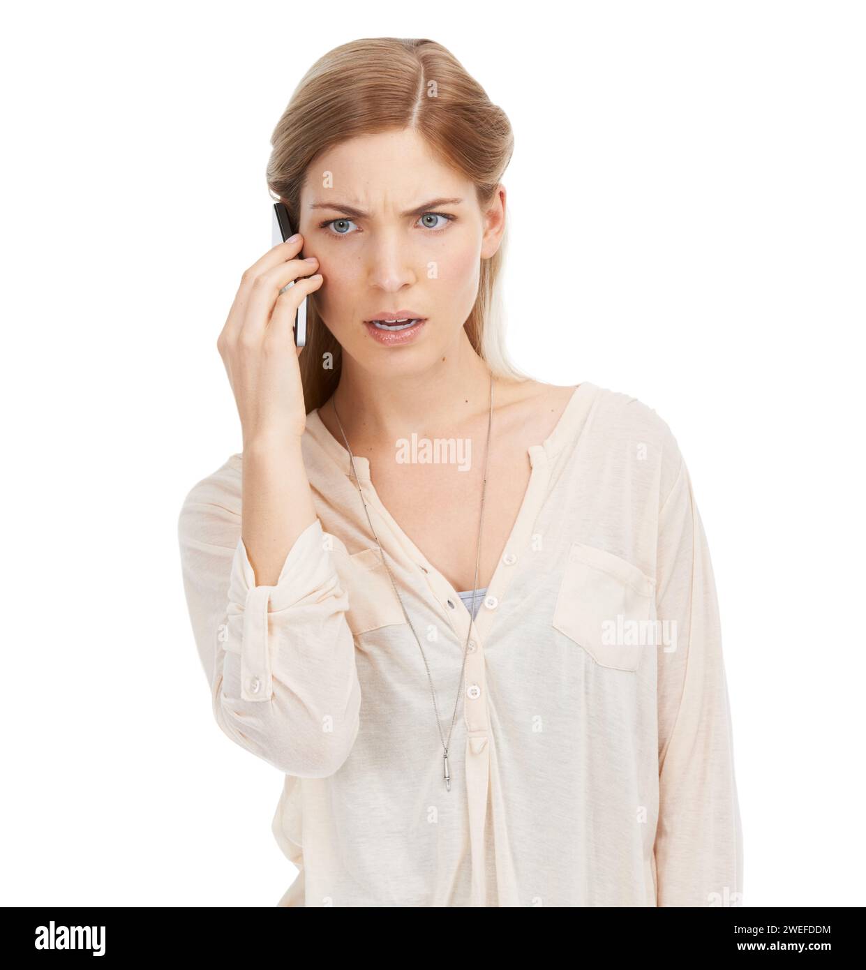 Woman, angry and stress with phone call in studio, social and feedback ...