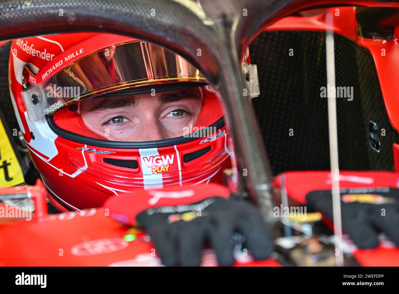 FILE - Monaco's Formula One driver Charles Leclerc of Ferrari prepares ...