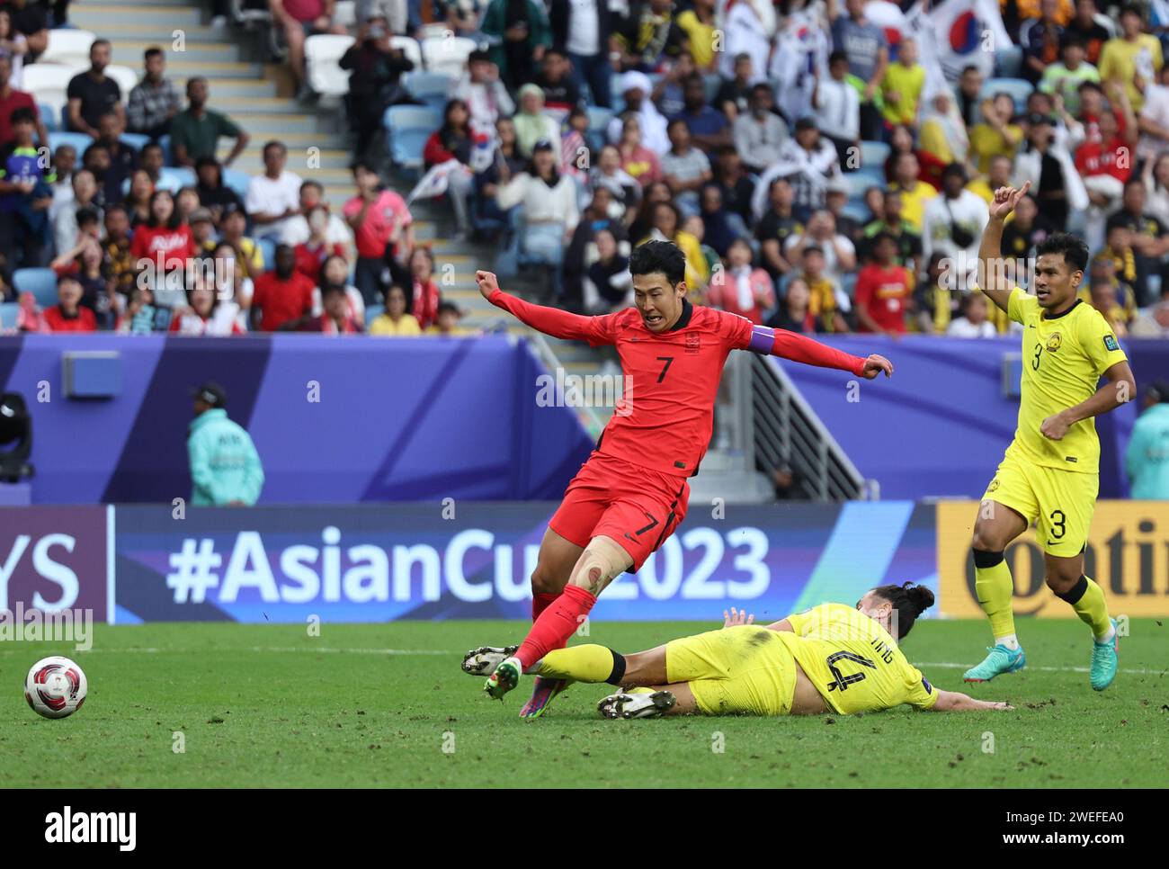 Doha. 25th Jan, 2024. Son Heung Min (L) of South Korea shoots during ...