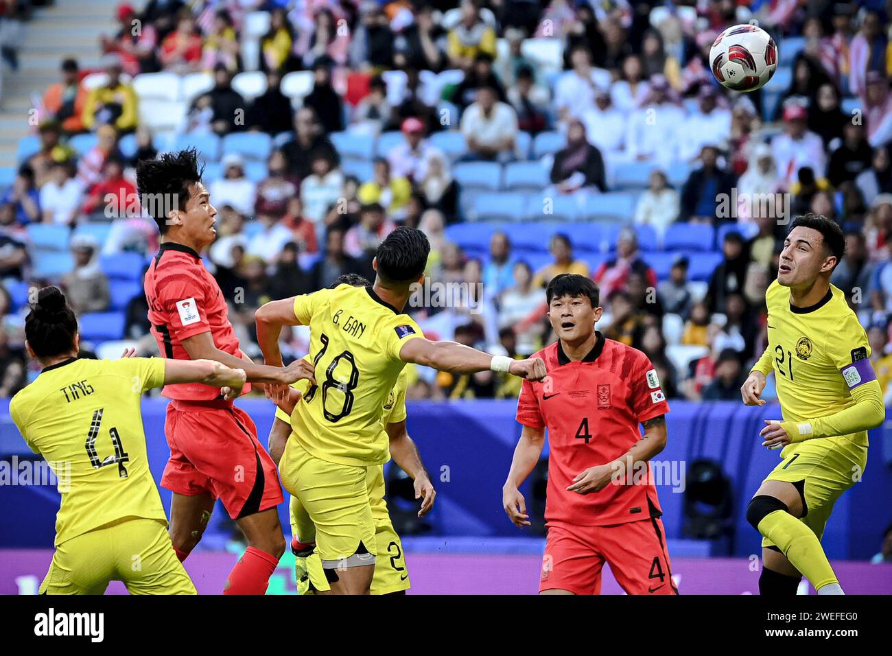 Doha. 25th Jan, 2024. Jeong Wooyeong (2nd L) of South Korea heads the ...