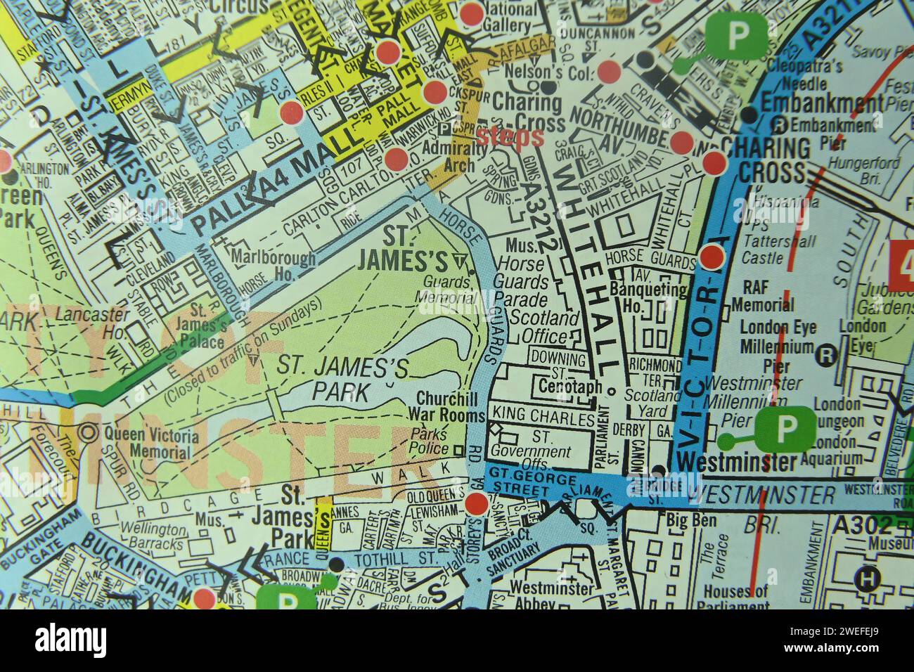 Maps macro view of St.James’s Park and Whitehall, Central London with ...