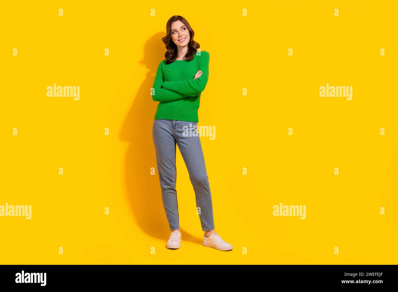 Full body size photo of young attractive lady folded arms confident ...