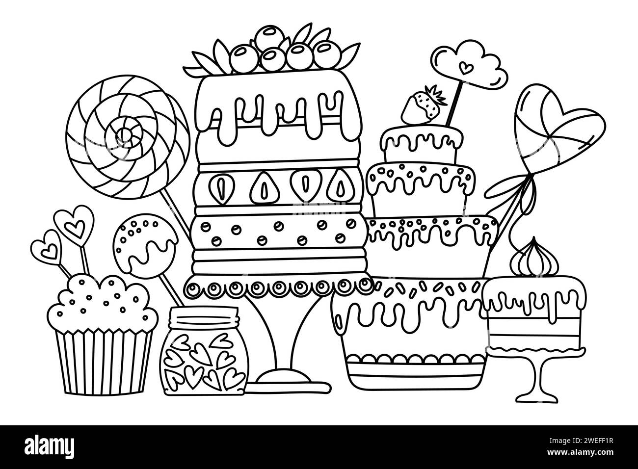 Coloring Page - Sweet Illustration With Lots Of Treats Like Cakes And ...