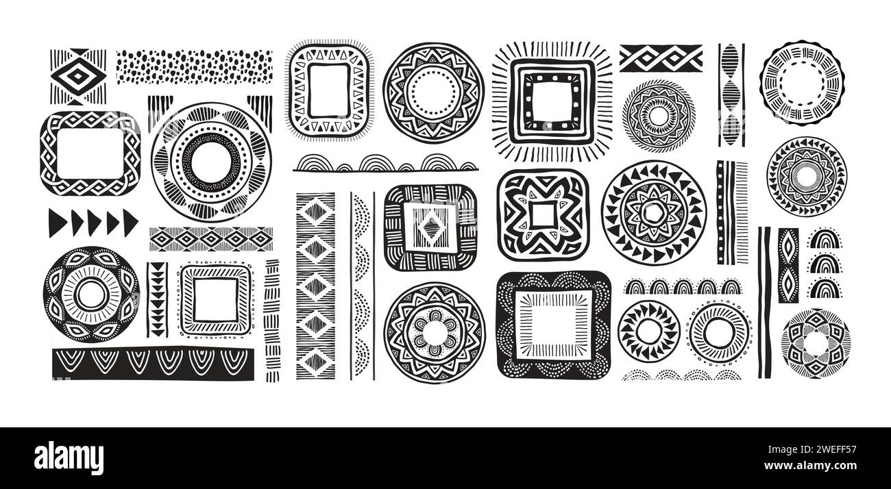 African pattern elements, symbols, icons. Black and white tribal, Aztec ...