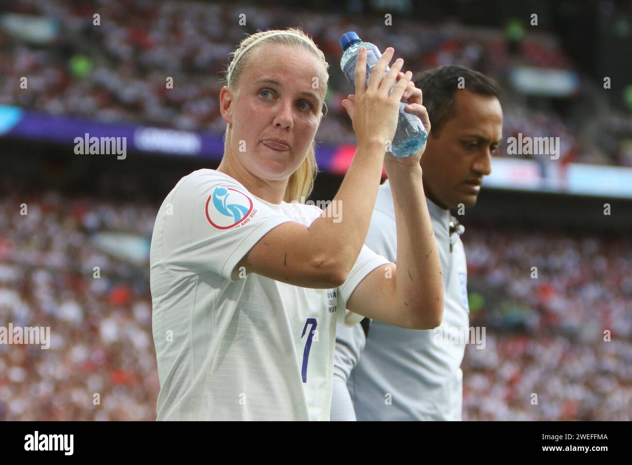 Beth Mead walks off injured with Dr Ritan Mehta (r) during UEFA Women's ...