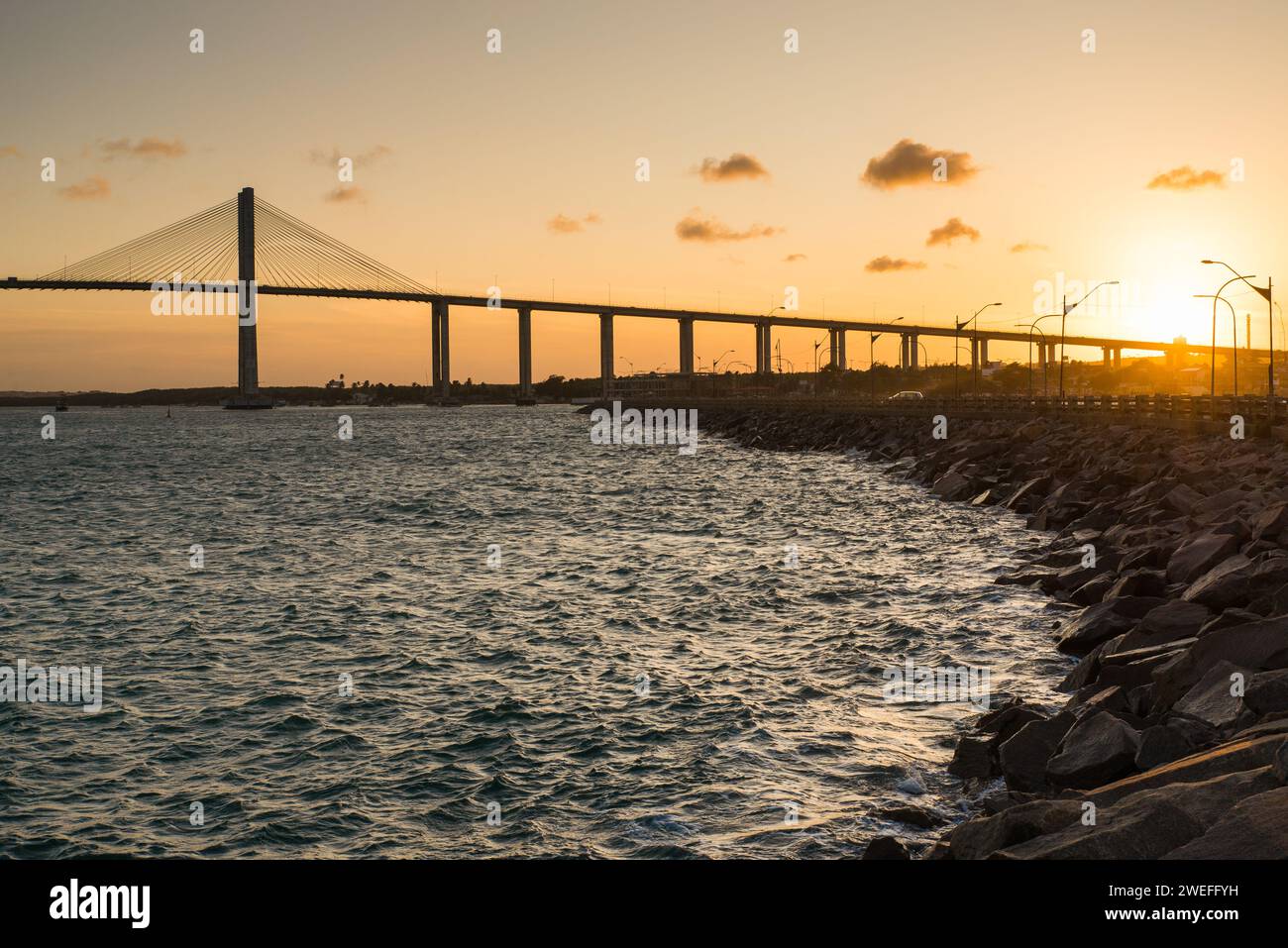 Rocks of the Pier and Newton Navarro Bridge in Natal City on Sunset ...