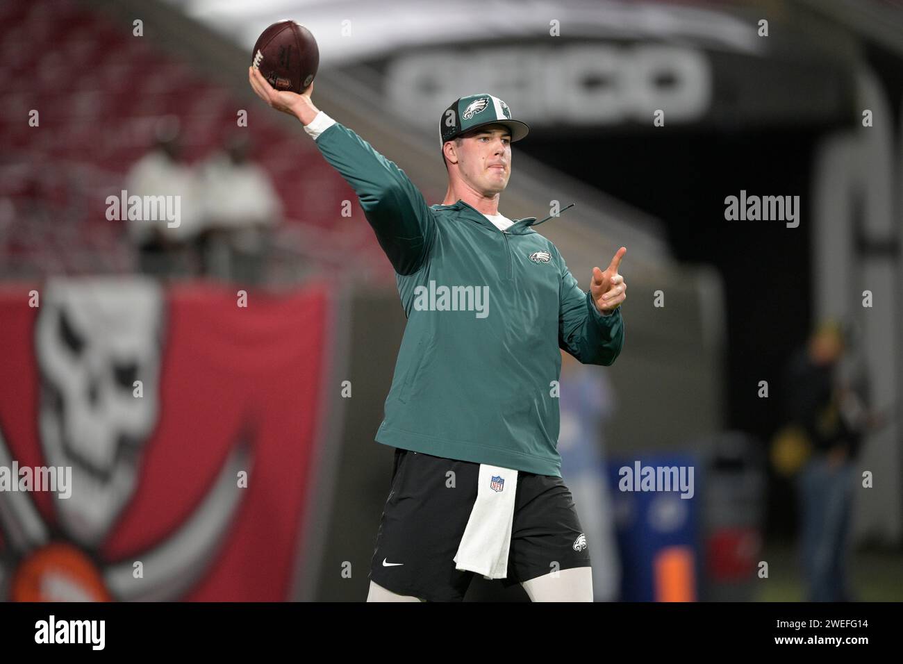 Philadelphia Eagles quarterback Tanner McKee throws before an NFL wild ...