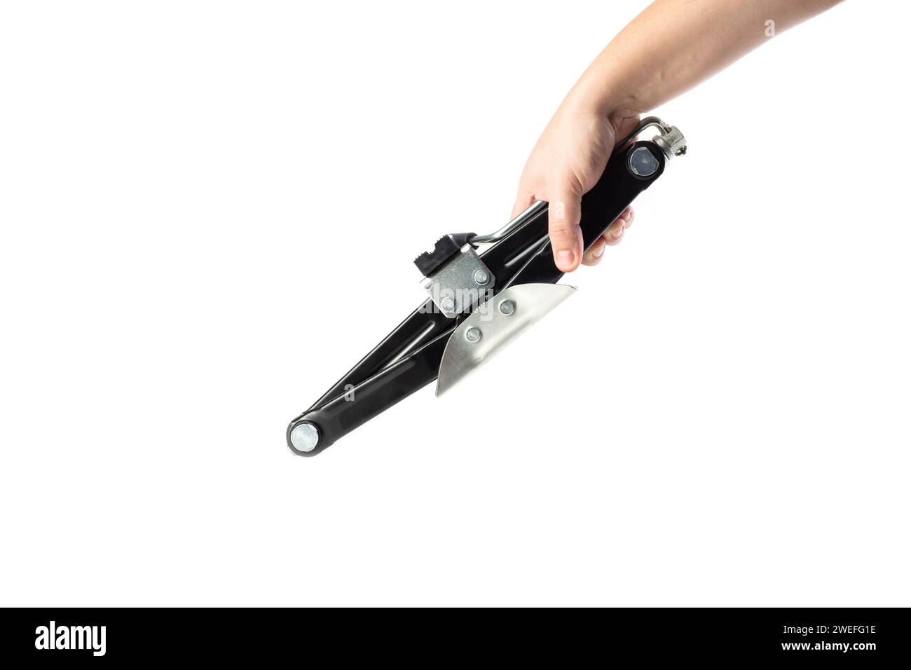 Metal universal diamond jack on a white background in hand. Isolate ...