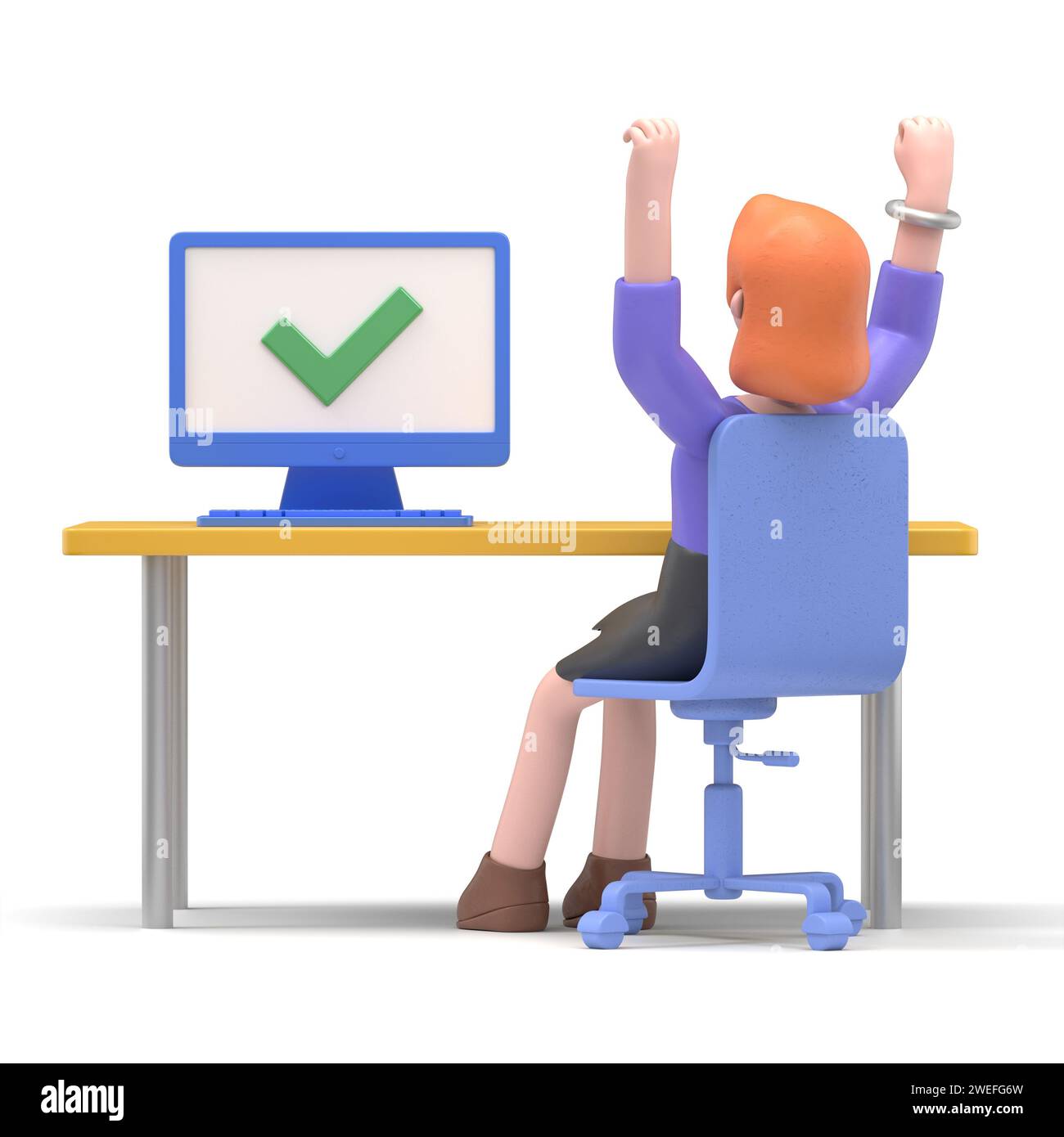 3D illustration of man completed task and triumphing with raised hands on the his workplace ...