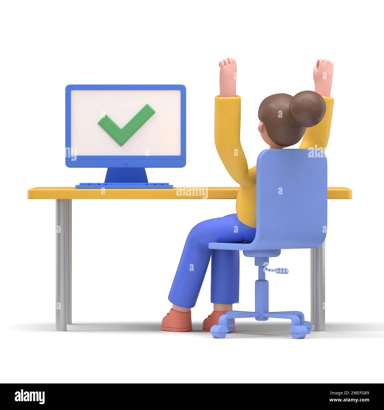 3D illustration of man completed task and triumphing with raised hands ...